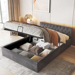 Polsterbett 140X200 cm Doppelbett mit Stauraum, Bettgestell aus Grauem Holz