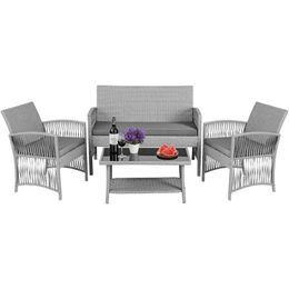 LIFERUN Rattan Gartenmöbel Set,4-Teilig,Platz für 4 Personen,1 x Doppelsofa+2 x Einzelsessel+1 x Couchtisch+3 x Sitzkissen, Balkonmöbel,Geeignet für