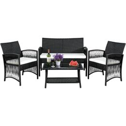 Rattan Gartenmöbel Set,4-Teilig,Platz für 4 Personen,1 x Doppelsofa+2 x Einzelsessel+1 x Couchtisch+3 x Sitzkissen,Balkonmöbel, Geeignet für