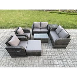 Fimous - Rattan Gartenmöbel Set 7-Sitzer Patio Outdoor Lounge Sofa Set mit 2 Liegestühlen Rechteckiger Couchtisch Großer Fußhocker Beistelltisch