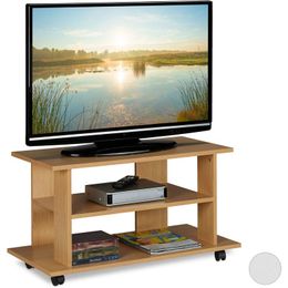 Tv Board mit Rollen, 2 Fächer f. Fernseher, Konsole & Receiver, fahrbarer Fernsehtisch, hbt 45x80x40 cm, natur - Relaxdays