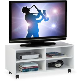 Relaxdays - tv Board mit 4 Fächern, mit Rollen, für CDs, DVDs & Konsole, Phonotisch für Wohnzimmer, hbt 35x80x35 cm, weiß