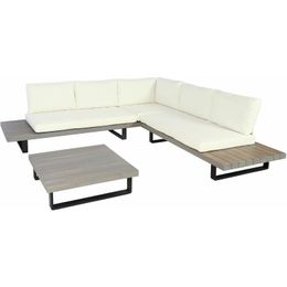 Neuwertig] Garten-Garnitur HHG 641, Garnitur Sitzgruppe Lounge-Set, Spun Poly Akazie Holz mvg Alu grau, Polster cremeweiß - white