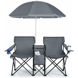Costway - Campingstuhl mit Sonnenschirm, faltbar, mit Getränkehalter Kühltasche , Klappstuhl für Paare, Doppel Angelstuhl grau