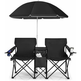 Costway - Campingstuhl mit Sonnenschirm, faltbar, mit Getränkehalter Kühltasche , Klappstuhl für Paare, Doppel Angelstuhl schwarz