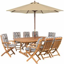 Beliani Gartenmöbel Set Hellbraun und Blau-Beige Akazienholz 10-Teilig Ovaler Tisch mit 8 Stühlen 8 Auflagen 1 Sonnenschirm Terrasse Outdoor Modern - Bunt