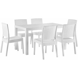 Beliani - Gartenmöbel 6er Set Weiß aus Kunststoff Rattanoptik Tisch 80 x 140 cm rechteckige Form Tiscch 6 Stühle Balkon Terrasse Gartenzubehör