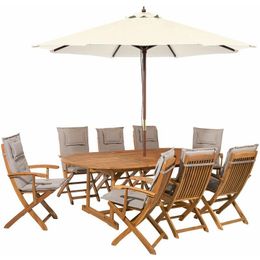 Beliani - Gartenmöbel Set Hellbraun und Grau-Beige Akazienholz 10-Teilig Ovaler Tisch mit 8 Stühlen 8 Auflagen 1 Sonnenschirm Terrasse Outdoor Modern