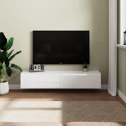 Sonni - tv Board Möbel Hängend tv Schrank Board mit 2 Klapptüren Weiß Hochglanz mit Einstellbar led Beleuchtung 160x35x30cm