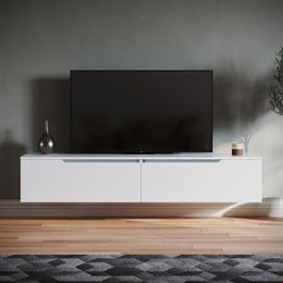 SONNI TV Board Möbel Hängend TV Schrank Board mit 2 Klapptüren Weiß Hochglanz 160x35x30cm mit Einstellbar LED Beleuchtung