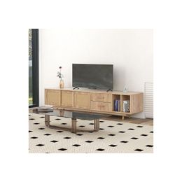 Ulife TV-Schrank Holz Fernsehschrank mit Dekoration aus Rattangewebe 190 x 40 x 52 cm