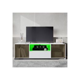 XDOVET TV-Schrank Lowboard mit 15 Farben LED-Beleuchtung und Schiebedesign 140cm Marmorgeäderter Tischplatte Glasdesign 2 Türen