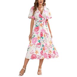 Orient Phoenix Jerseykleid Damen summer elegant Volantkleid Midi-A-Linien-Kleid Druckkleider Wickelkleid Knielanges Kleid fließender mit V-Ausschnitt und Gürtel