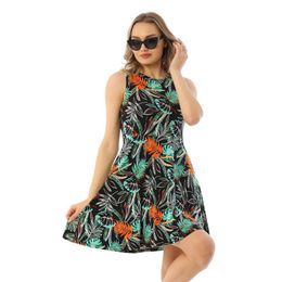 Bongual Jerseykleid Sommerkleid ohne Ärmel mit Palmenblätter Muster