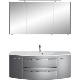 Saphir Badmöbel-Set Serie 7045 2-teilig Mineralmarmor-Waschtisch mit LED-Spiegelschrank, (Set, 2-St), Badezimmer-Set 133,2 cm breit, inkl. Türdämpfer, 5 Türen, 2 Schubladen, grau