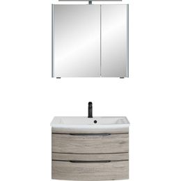 Saphir Badmöbel-Set Serie 7045 2-teilig Mineralmarmor-Waschtisch mit LED-Spiegelschrank, (Set, 2-St), Badezimmer-Set 73,2 cm breit, inkl. Türdämpfer, 2 Türen, 2 Schubladen, braun|schwarz