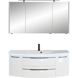 Saphir Badmöbel-Set Serie 7045 2-teilig Mineralmarmor-Waschtisch mit LED-Spiegelschrank, (Set, 2-St), Badezimmer-Set 133,2 cm breit, inkl. Türdämpfer, 5 Türen, 2 Schubladen, schwarz|weiß