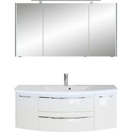 Saphir Badmöbel-Set Serie 7045 2-teilig Mineralmarmor-Waschtisch mit LED-Spiegelschrank, (Set, 2-St), Badezimmer-Set 133,2 cm breit, inkl. Türdämpfer, 5 Türen, 2 Schubladen, weiß
