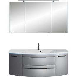Saphir Badmöbel-Set Serie 7045 2-teilig Mineralmarmor-Waschtisch mit LED-Spiegelschrank, (Set, 2-St), Badezimmer-Set 133,2 cm breit, inkl. Türdämpfer, 5 Türen, 2 Schubladen, grau|schwarz