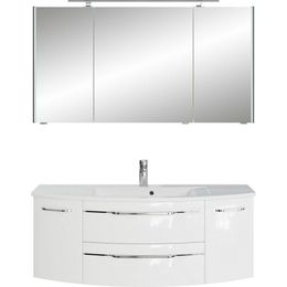 Saphir Badmöbel-Set Serie 7045 2-teilig Mineralmarmor-Waschtisch mit LED-Spiegelschrank, (Set, 2-St), Badezimmer-Set 133,2 cm breit, inkl. Türdämpfer, 5 Türen, 2 Schubladen, weiß