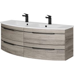 Saphir Waschtisch Serie 7045 Mineralmarmor-Waschtisch und Unterschrank, 131 cm breit, Doppel-Waschplatz mit 4 Schubladen, Badmöbel Set mit Waschtisch, braun