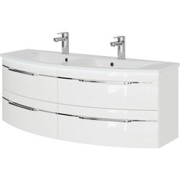 Saphir Waschtisch Serie 7045 Mineralmarmor-Waschtisch und Unterschrank, 131 cm breit, Doppel-Waschplatz mit 4 Schubladen, Badmöbel Set mit Waschtisch, weiß