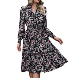 Orient Phoenix Jerseykleid Damen Blumenmuster A-Linie Fließendes Kleid mit gerafftem V-Ausschnitt Langärmeliges Midikleid für Frauen Bedrucktes lockeres gerafftes Kleid