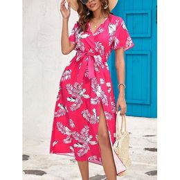 BlauWave Druckkleid Sommerliches bedrucktes Midirock-Kleid mit Schlitz (Bequem und langlebig