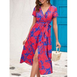 BlauWave Druckkleid Bedruckte Sommerkleider mit V-Ausschnitt (Bequem und langlebig