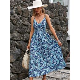 BlauWave Druckkleid Bedrucktes Kleid mit V-Ausschnitt und Taille (Bequem und langlebig