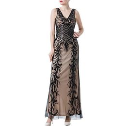 B.X Abendkleid Doppellagiger Stoff Modisches Paillettenkleid Slim-Fit Cocktailkleid Damen Lange Spitze Chiffonkleid ärmellos Partykleid V-Kragen Maxikleid