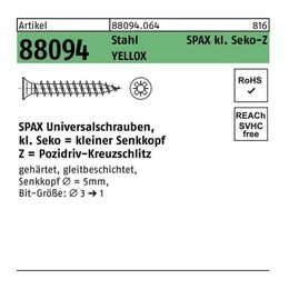 Spax - Schraube r 88094 Senkkopf kl. Spitze/Kreuzschl-PZ 3 x 15/12-Z Stahl galvanisch verzinkt gelb