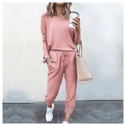 RUZU UG Freizeitanzug Damen Tracksuit Langarm Rundhalsausschnitt Einfarbig Zweiteiler Outfit (1-tlg)