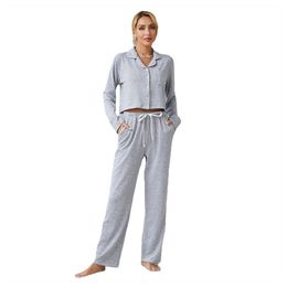 RUZU UG Schlafanzug Homewear Damen Cardigan Langarm langes Pyjama Hosen Set Capri-Pyjama