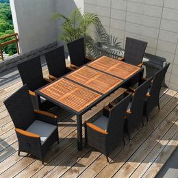 vidaXL Garten-Essgruppe 9-tlg. Garten-Essgruppe Poly Rattan Akazienholz Schwarz,...