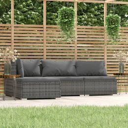 vidaXL Gartenlounge-Set 4-tlg. Garten-Lounge-Set mit Kissen Grau Poly Rattan, (1...