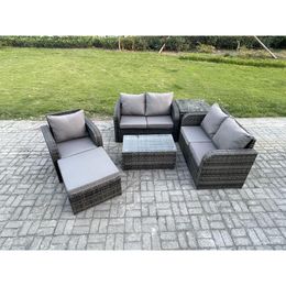 Fimous - High Back Rattan Gartenmöbel Set mit Loveseat Sofa Rechteckiger Couchtisch Großer Fußhocker Beistelltisch Indoor Outdoor Patio Lounge Sofa