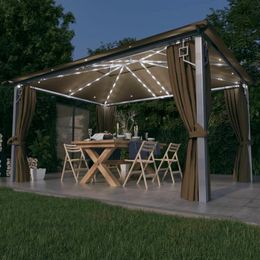 vidaXL Partyzelt Pavillon mit Vorhängen & LED-Lichterkette 400x300 cm Taupe Alu
