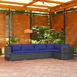 vidaXL Gartenlounge-Set 5-tlg. Garten-Lounge-Set mit Kissen Poly Rattan Grau, (1...