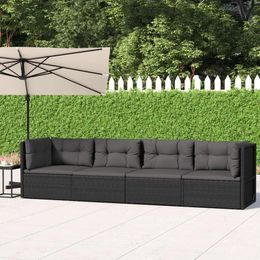 vidaXL Gartenlounge-Set 4-tlg. Garten-Lounge-Set mit Kissen Schwarz Poly Rattan,...