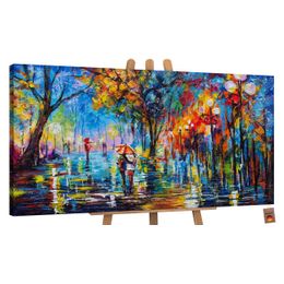 YS-art Gemälde Herbstliche Allee, Menschen, Paar Regenschirm Leinwand Bild Handg...