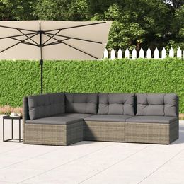 vidaXL Gartenlounge-Set 4-tlg. Garten-Lounge-Set mit Kissen Grau Poly Rattan, (1...