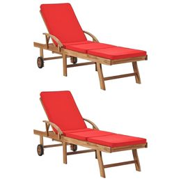 vidaXL Gartenliege Sonnenliegen mit Auflagen 2 Stk. Massivholz Teak Rot, 2 St.