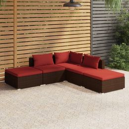 vidaXL Gartenlounge-Set 5-tlg. Garten-Lounge-Set mit Kissen Poly Rattan Braun, (...