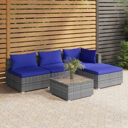 vidaXL Gartenlounge-Set 5-tlg. Garten-Lounge-Set mit Kissen Poly Rattan Grau, (1...