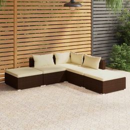 vidaXL Gartenlounge-Set 5-tlg. Garten-Lounge-Set mit Kissen Poly Rattan Braun, (...