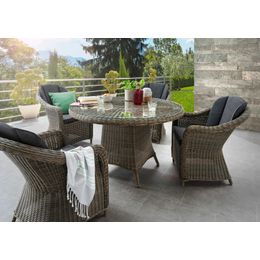 Destiny Garten-Essgruppe MALAGA LUNA, , Polyrattan, 4 Sessel + 1 Tisch Ø 120x75 ...