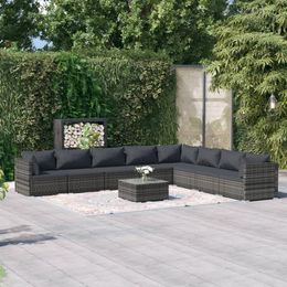 vidaXL Gartenlounge-Set 9-tlg. Garten-Lounge-Set mit Kissen Poly Rattan Grau, (1...