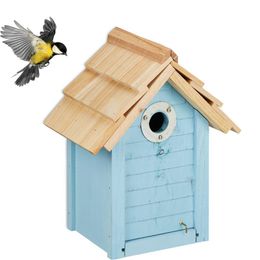 Nistkasten für Blaumeisen, Tannenholz, 27 mm Einflugloch, Bodenklappe, Vogelhaus zum Aufhängen, hellblau/natur - Relaxdays