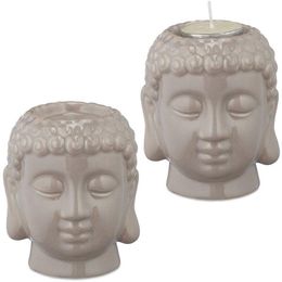 Relaxdays 2 x Buddha Teelichthalter, Keramik, Buddha-Kopf für Teelicht, Zen-Deko für Wohnzimmer & Bad, Feng Shui Deko, grau